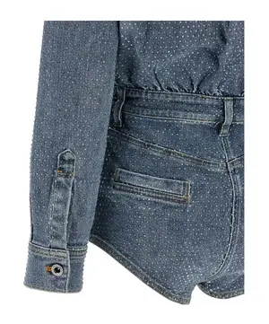 SELF-PORTRAIT Embellished Denim Playsuit With Crystal Appliqués