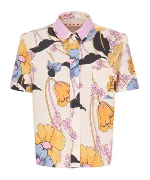 Marni Melodia Floral Print Cropped Cotton Poplin Shirt - Bone