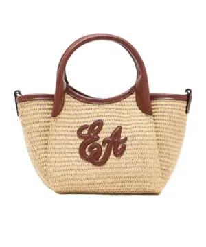 Emporio Armani Logo Detail Raffia Top Handle Bag - Beige/reddish Brown