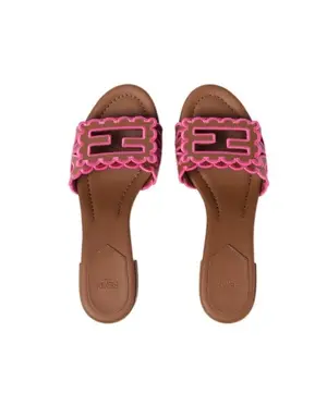 Fendi Nappa Leather Slides With Scalloped Embroidery - Brown