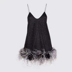 Oseree Lurex Feather Trimmed Knee-length Dress