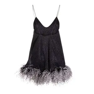 Oseree Lurex Feather Trimmed Knee-length Dress