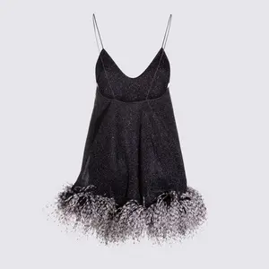 Oseree Lurex Feather Trimmed Knee-length Dress