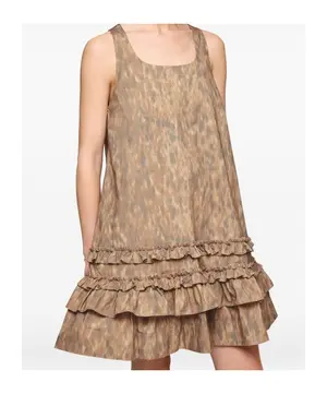 GANNI Printed Cotton Dress With Ruffled Hem - Burro