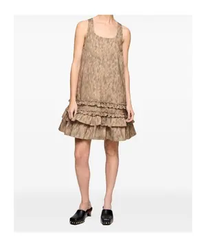GANNI Printed Cotton Dress With Ruffled Hem - Burro