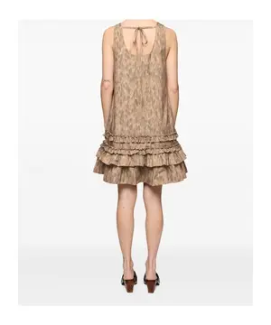 GANNI Printed Cotton Dress With Ruffled Hem - Burro