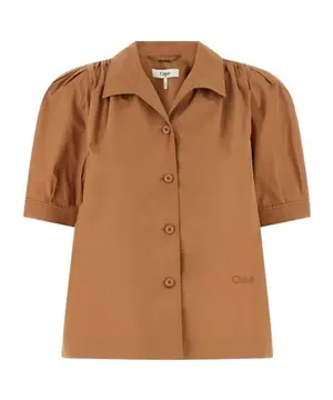 Chloé Cotton Poplin Shirt With Short Sleeves - Brown