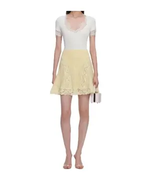 SELF-PORTRAIT Lace Trim Mini Skirt - Yellow
