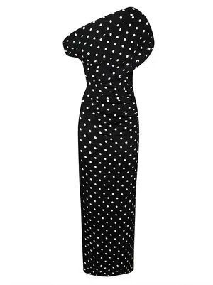 SELF-PORTRAIT Polka Dot Draped Knit Midi Dress