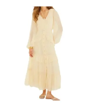 Farm Rio Ruffled Maxi Dress With V-neck And Long Sleeves
