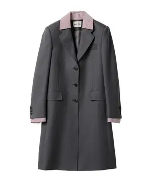 Miu Miu Single-breasted Gabardine Coat With Detachable Striped Collar And Cuffs - Anthracite Grey