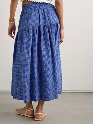 DÔEN Sebastiane Plaid Tiered Maxi Skirt - Blue