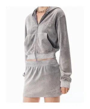 Alexander Wang Embellished Velour Zip-up Hoodie - Gray