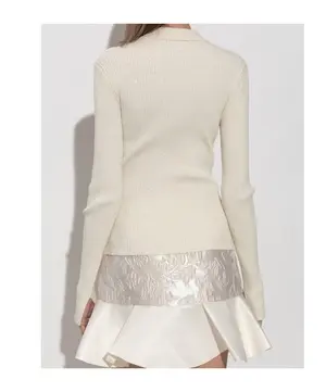 GANNI Ribbed Long Sleeve Polo Top With Embellishments - Egret