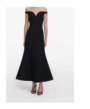 SELF-PORTRAIT Off-shoulder Boucle Midi Dress - Black