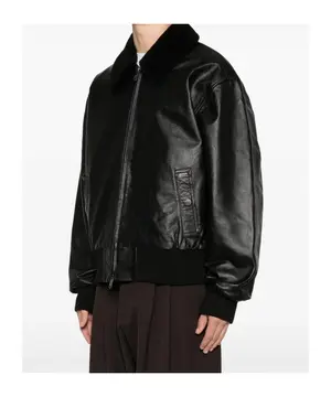 Calvin Klein Leather Bomber Jacket With Shearling Collar
