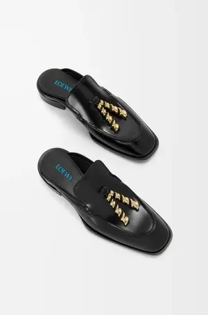 Loewe Edge Loafer Mules In Brushed Calfskin With Gold-finish Coil Embellishments - Black