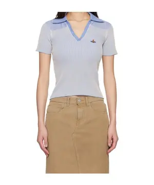 VIVIENNE WESTWOOD Striped Knit V-neck Polo Top - Gray