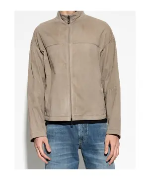 Emporio Armani High Neck Zip-up Suede Jacket - Beige