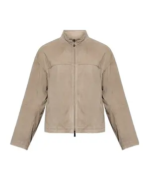 Emporio Armani High Neck Zip-up Suede Jacket - Beige