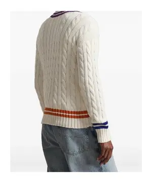 Polo Ralph Lauren Cable Knit V-neck Sweater With Striped Trim