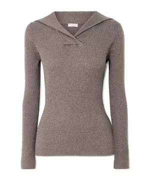 Brunello Cucinelli Ribbed Metallic Cashmere And Silk-blend Top - Dark Brown