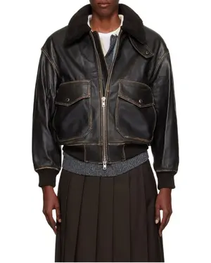 DUNST Leather Biker Jacket With Shearling Collar