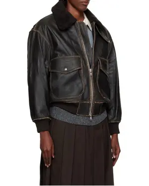 DUNST Leather Biker Jacket With Shearling Collar
