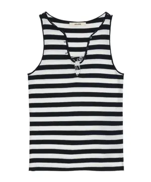 Zadig&Voltaire Striped Henley Tank With Rhinestone Embellishment - Black