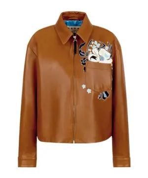 Marni Leather Overshirt With Flower Intarsia - Brown