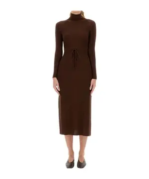 A.p.c. Marianna Ribbed Knit Long Sleeve High Neck Dress With Drawstring Waist - Brown
