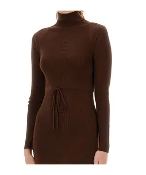 A.p.c. Marianna Ribbed Knit Long Sleeve High Neck Dress With Drawstring Waist - Brown