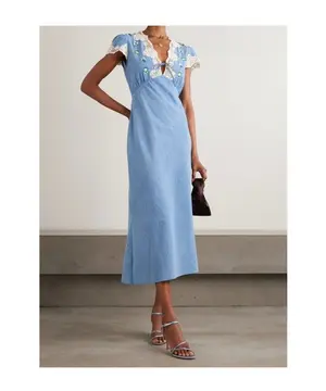 Rixo Embroidered Lace Trim V-neck Midi Dress - Blue