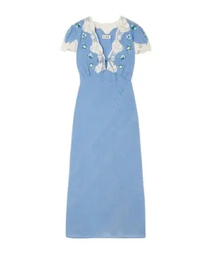 Rixo Embroidered Lace Trim V-neck Midi Dress