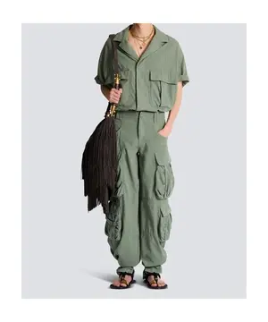 Balmain Cotton Cargo Pants With Belted Waist - Green
