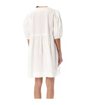 GANNI Round Neck Dress With Gathered Cuffs And Tie Detail - White