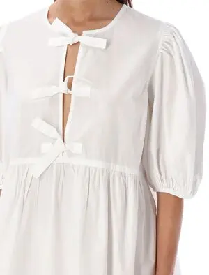 GANNI Round Neck Dress With Gathered Cuffs And Tie Detail - White