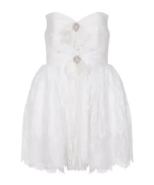 SELF-PORTRAIT Lace Trimmed Bow Detail Mini Dress - White