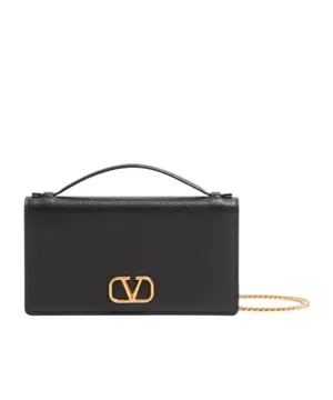 Valentino Garavani Vlogo Signature Grainy Calfskin Wallet With Chain - Black
