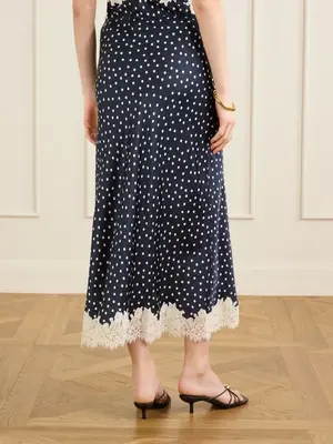 Rixo Matilde Lace-trimmed Polka Dot Satin Midi Skirt