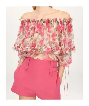 Chloé Ruffled Floral Off-shoulder Blouse - Pink