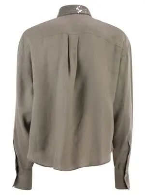 Brunello Cucinelli Sequined Collar Linen Shirt - Gray