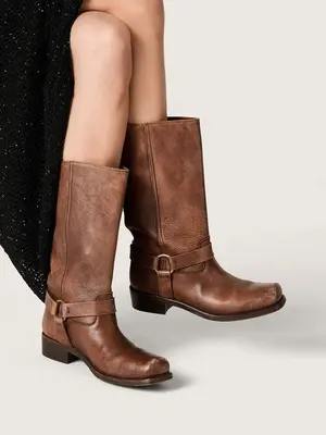 GOLDEN GOOSE High Biker Boots With Metal Buckle Strap - Brown