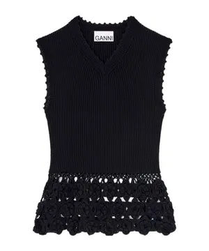 GANNI Crochet Hem Knitted Top V-neck Sleeveless - Black