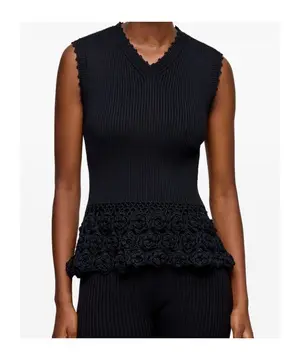 GANNI Crochet Hem Knitted Top V-neck Sleeveless - Black