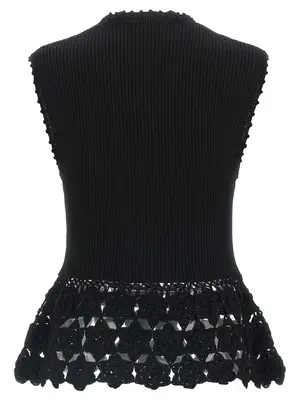GANNI Crochet Peplum Knit Sleeveless V-neck Top - Black