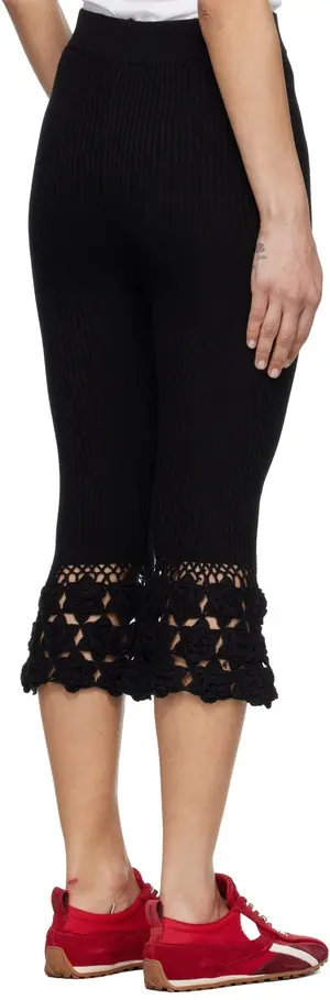 GANNI Cropped Ribbed Pants With Crochet Hem - Black