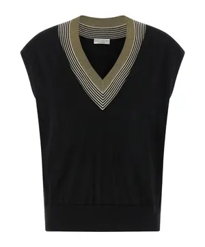 Brunello Cucinelli Sleeveless V-neck Knit Top - Black