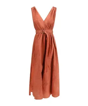 Brunello Cucinelli V-neck Belted Midi Dress - Red