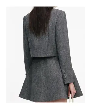 SELF-PORTRAIT Cropped Herringbone Tailored Jacket - Grey